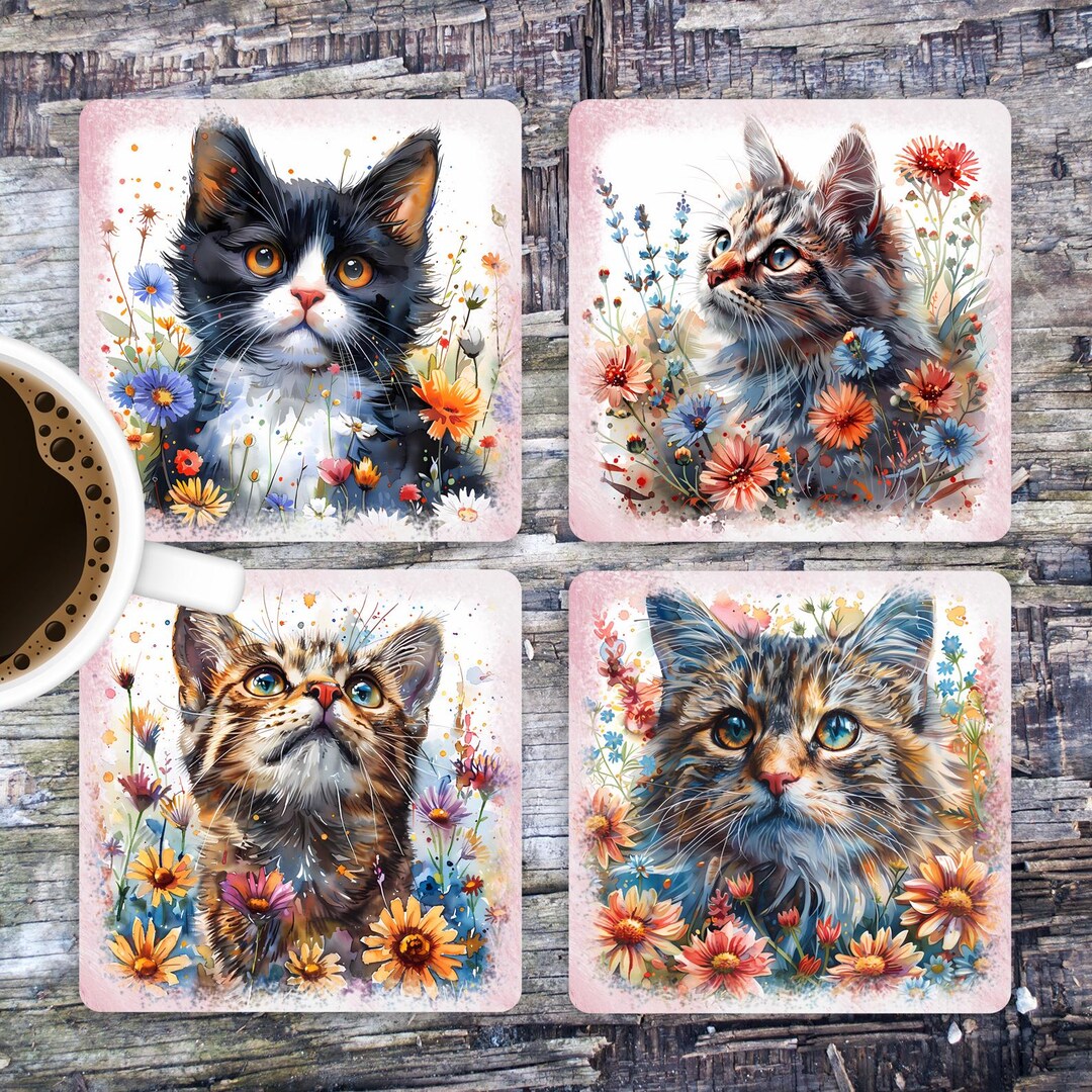 Floral Cat Square Coaster Sublimation Design, Spring Cat Coaster PNG ...