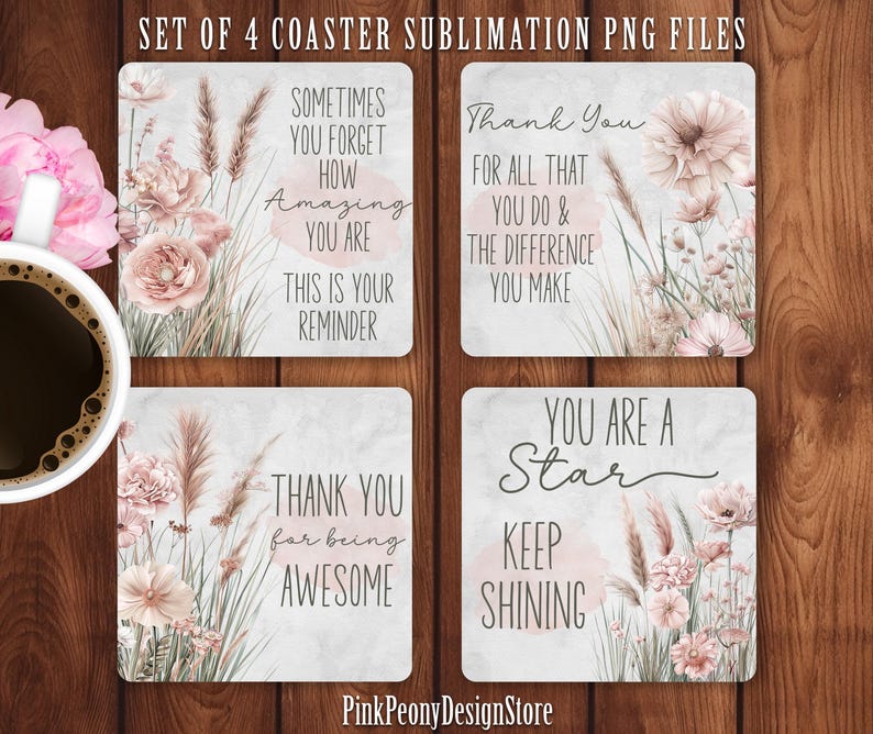 Thank You Quote Square Coaster Sublimation Design, Floral Appreciation ...