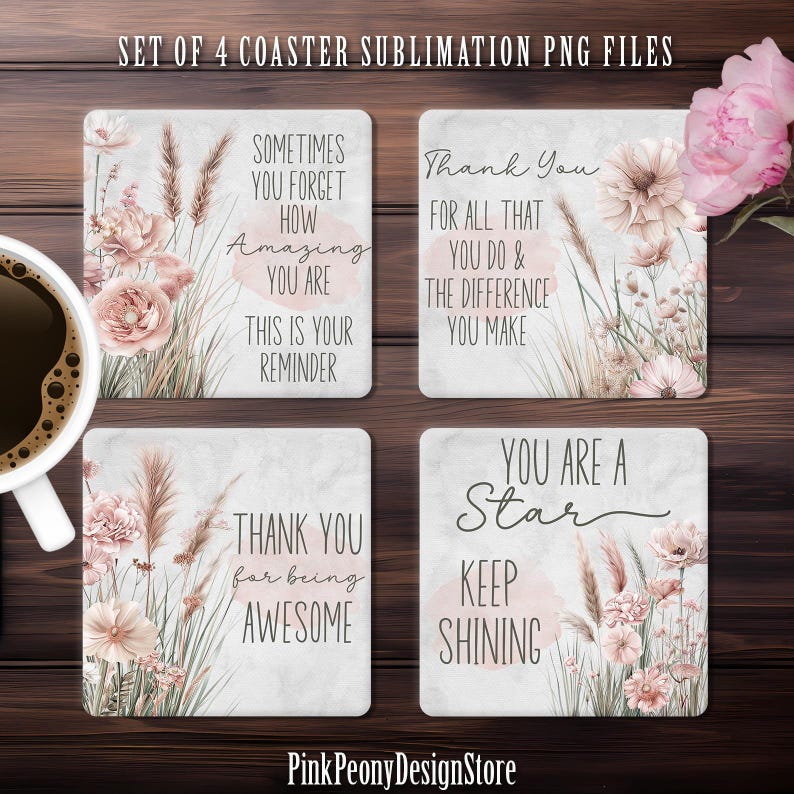 Thank You Quote Square Coaster Sublimation Design, Floral Appreciation ...