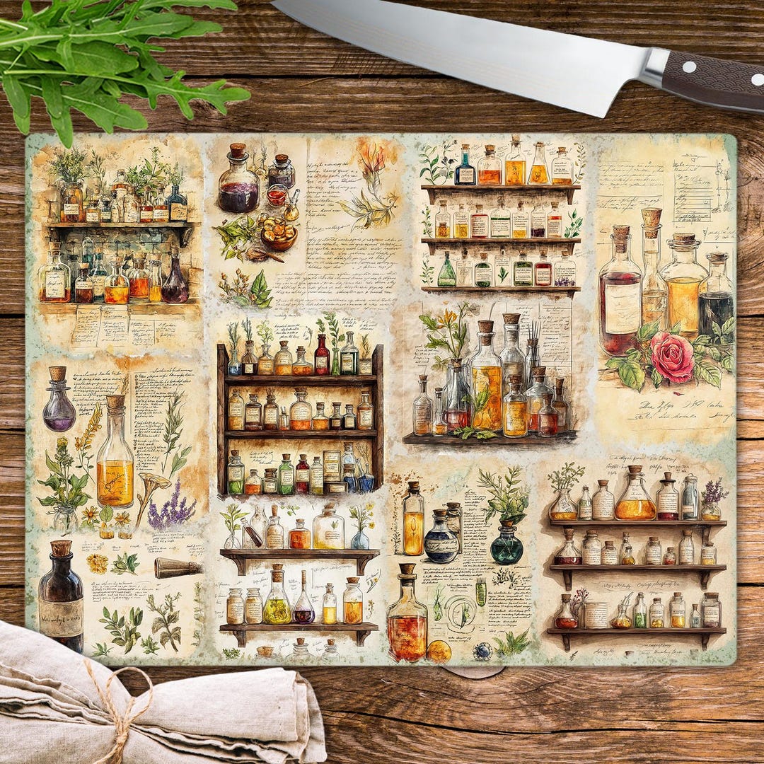 Vintage Potion Bottles Cutting Board Sublimation Design, Patchwork Style Chopping Board PNG ...