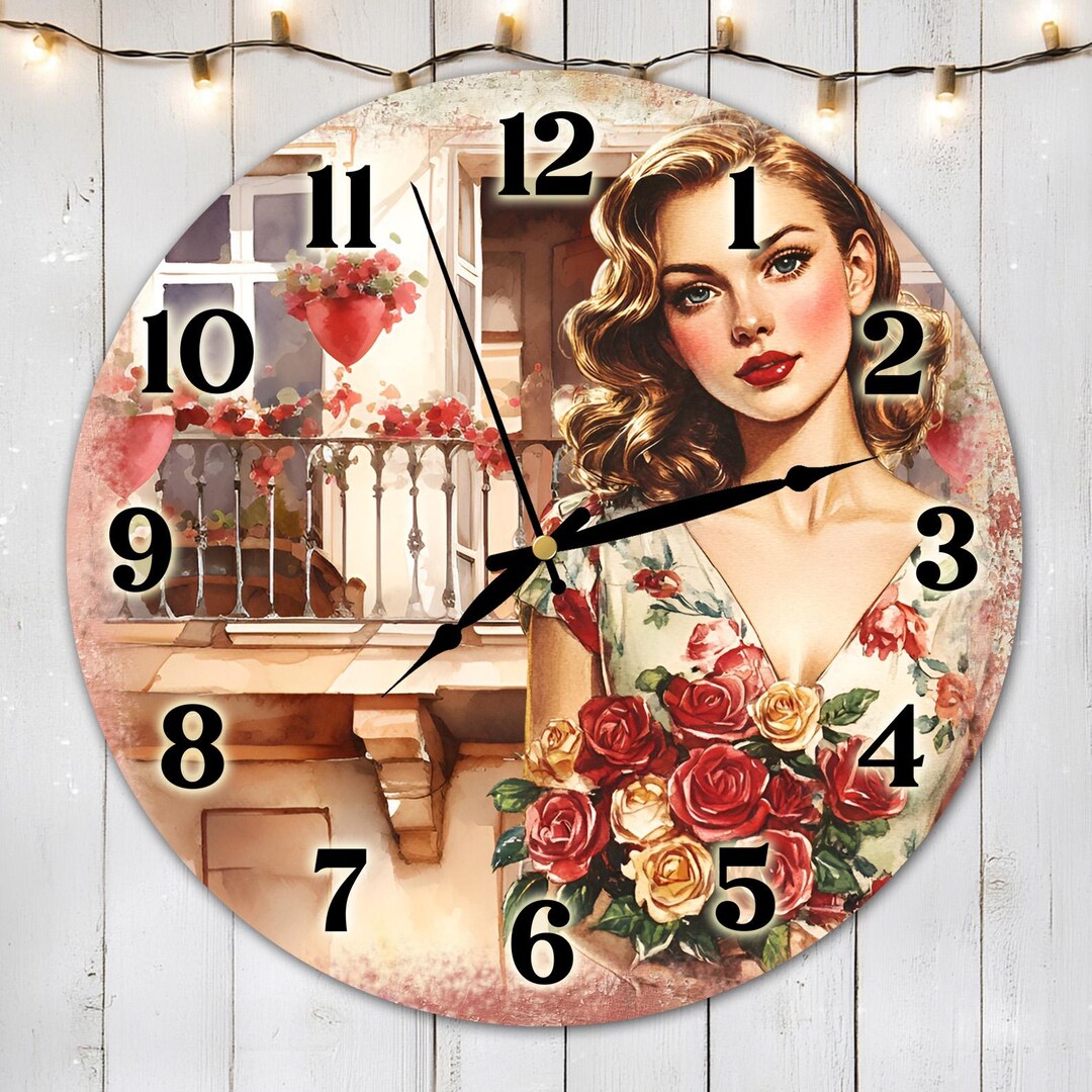 Romantic Girl Clock Sublimation Design, Woman With Roses Clock Face PNG ...