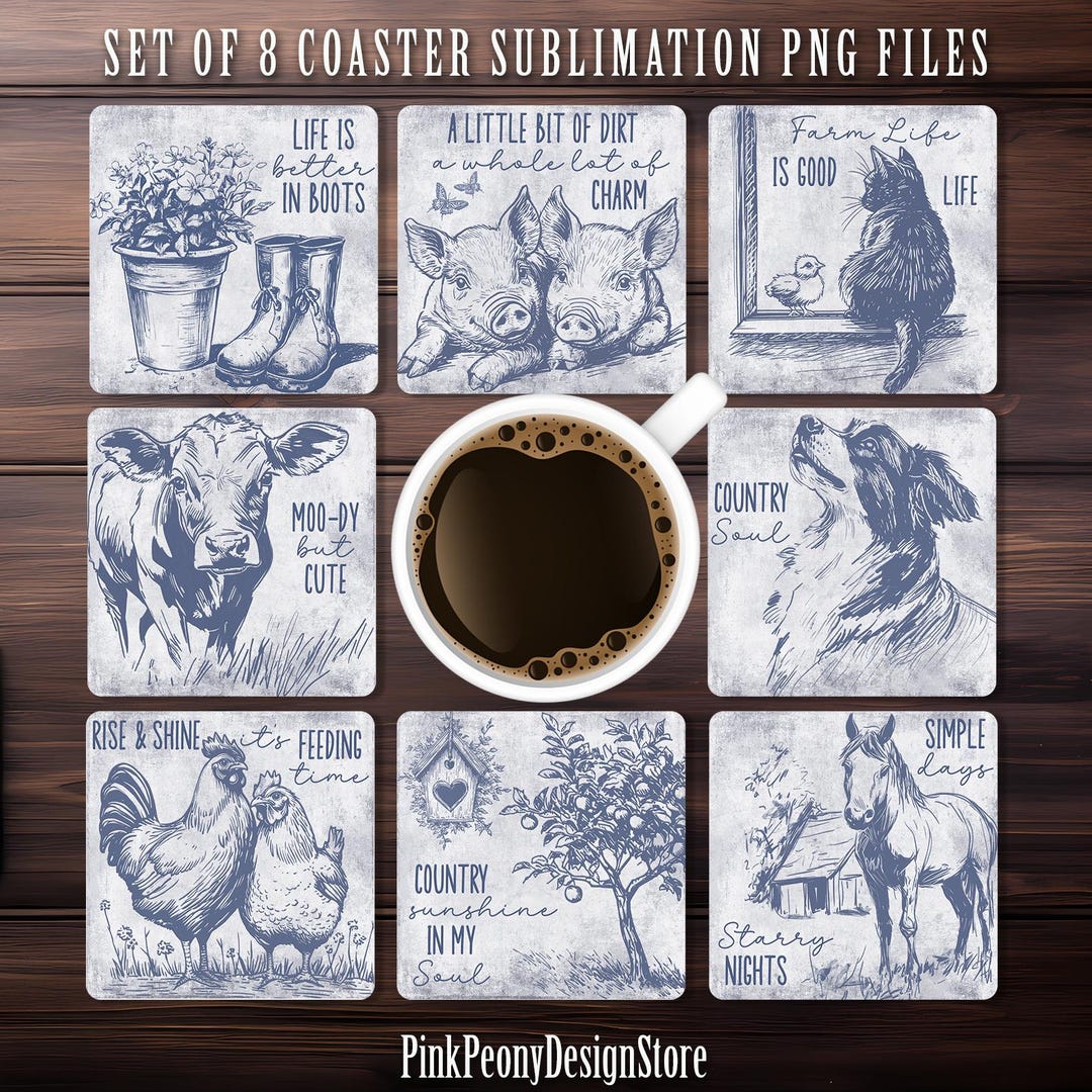 Farm Life Square Coaster Sublimation Design, Cottagecore Coaster PNG ...