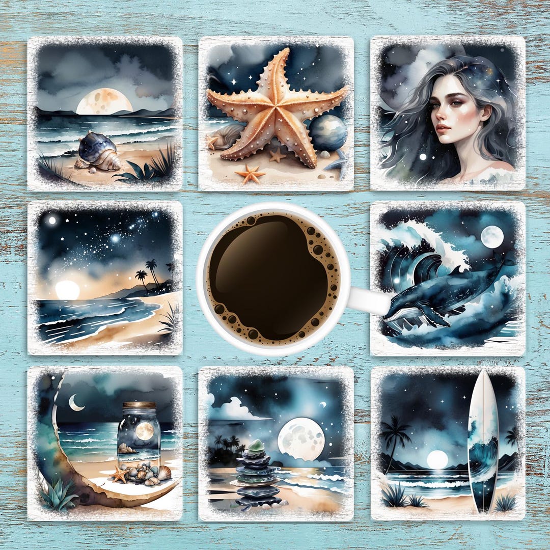 Celestial Beach Scenery Square Coaster Sublimation Design, Beach Night ...