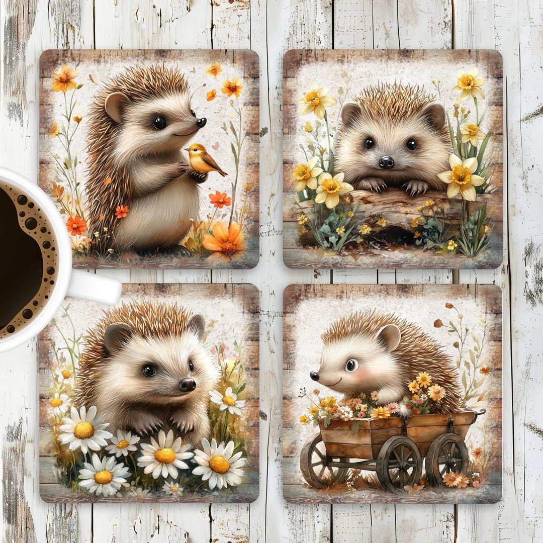 Cute Spring Hedgehog Square Coaster Sublimation Design, 4x4 Hedgehog ...