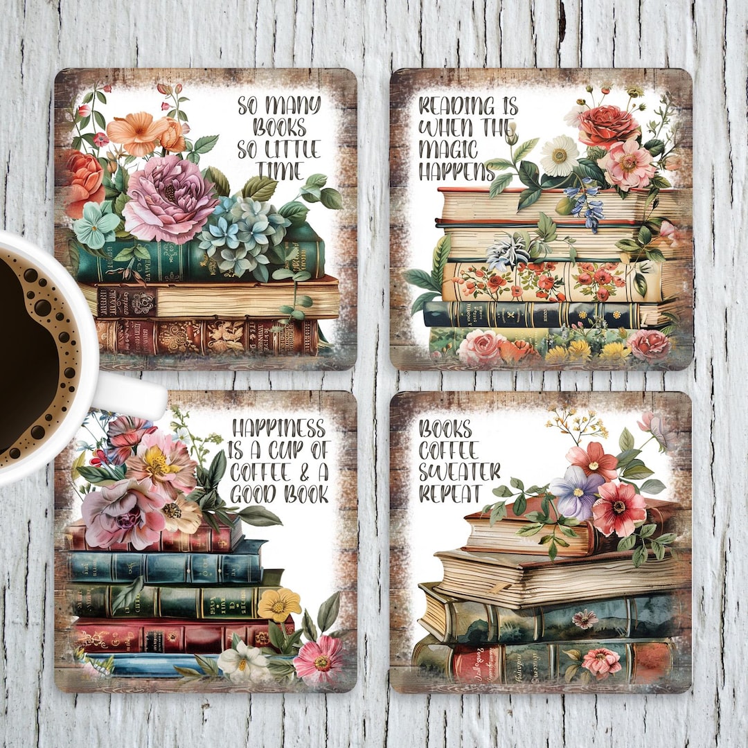 Floral Books Square Coaster Sublimation Design, Reading Quotes Coasters ...