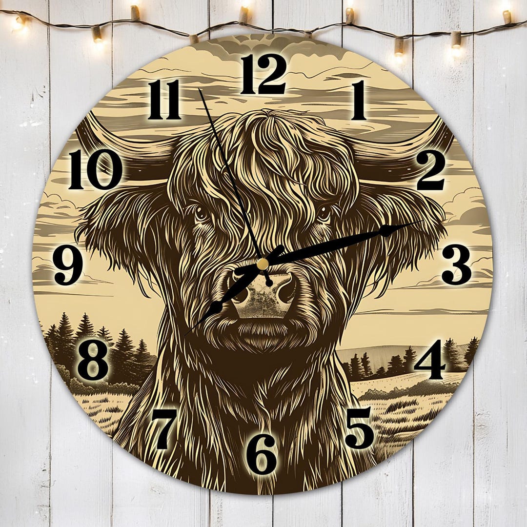 Rustic Cow Clock Sublimation Design, Highland Cow Clock Face PNG ...