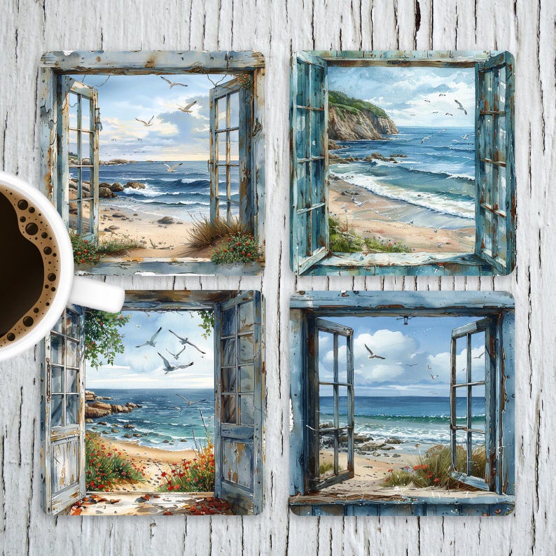 Beach Window Square Coaster Sublimation Design, Beach Life 4x4 Coaster ...