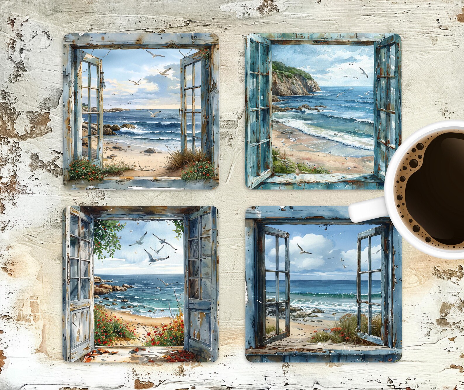 Beach Window Square Coaster Sublimation Design, Beach Life 4x4 Coaster ...