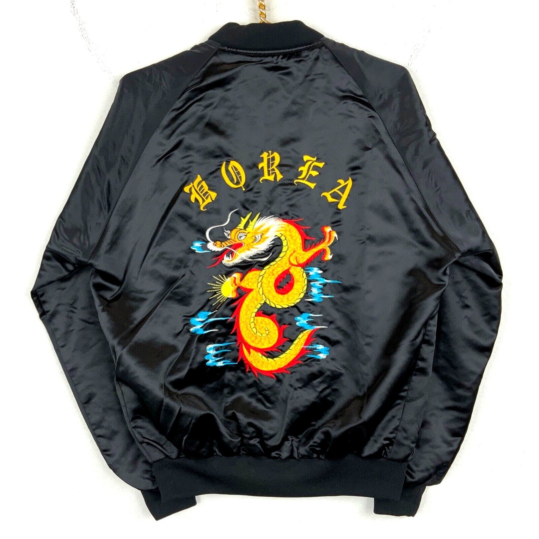 Vintage Korea Jacket Extra Large Black Satin Full Zip Bomber Souvenir ...