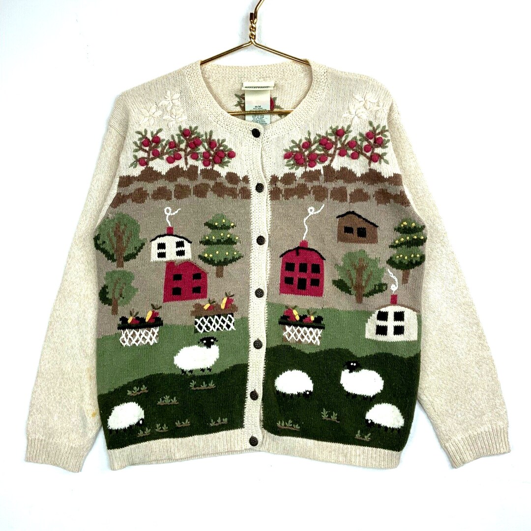 Vintage Women's Wildlife Farm Life Sheep Knit Cardigan Sweater Size ...