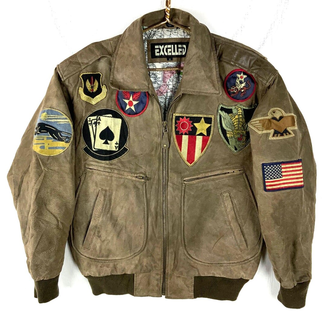 Vintage 1990s Leather Bomber Jacket Small Brown Lined Full Zip Patch ...