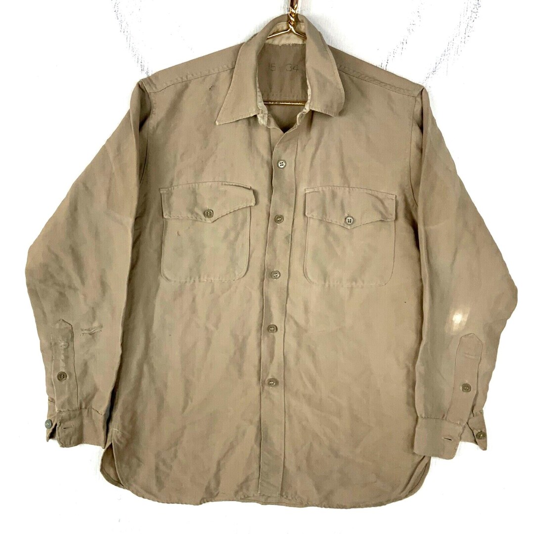Vintage Us Army Button up Shirt Size 15.5x34 Brown Vietnam Era ...
