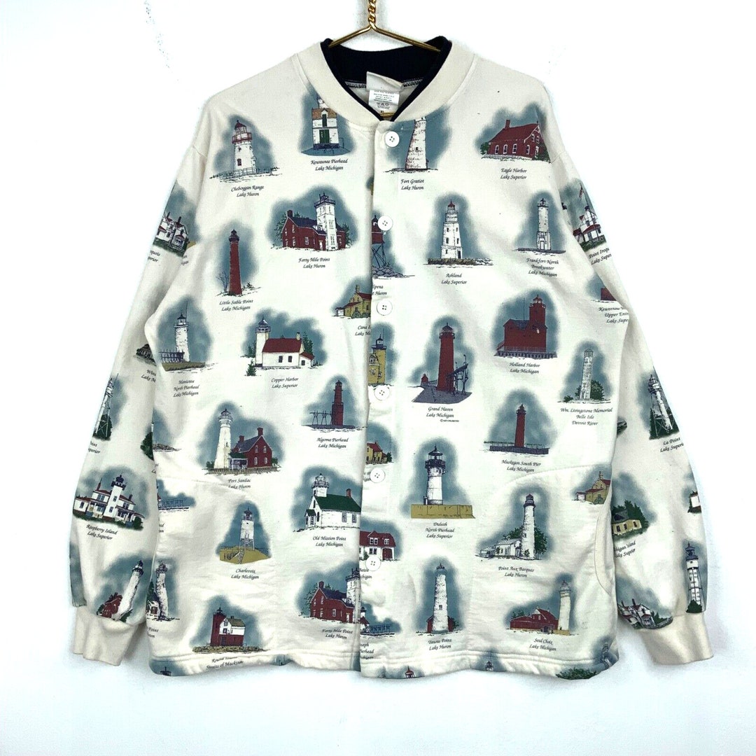 Vintage Lighthouse Art Unlimited Sweatshirt Cardigan XL Button up Ivory ...