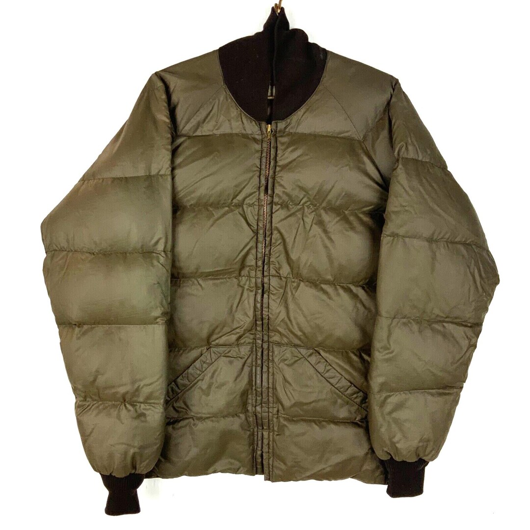 Vintage 1980s Down Puffer Bomber Jacket Large Brown Full Zip Distressed ...