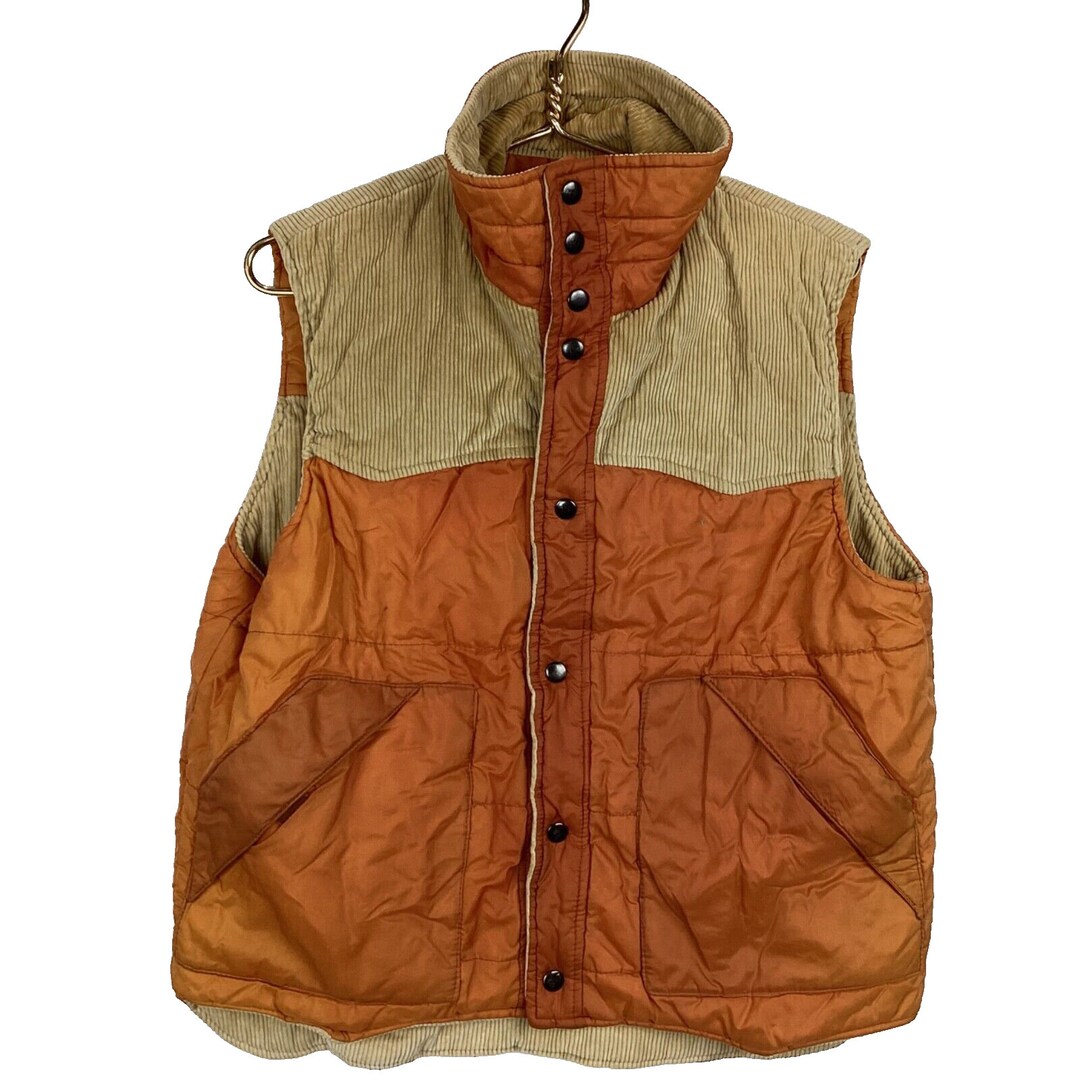 Vintage Campus Puffer Vest Large Reversible Orange 90s Corduroy Trim ...