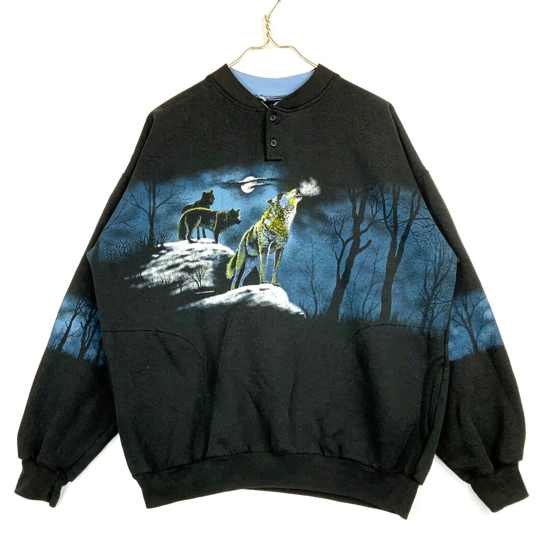 Vintage Wolf Pack Wildlife Button up Henley Double Collar Sweatshirt ...