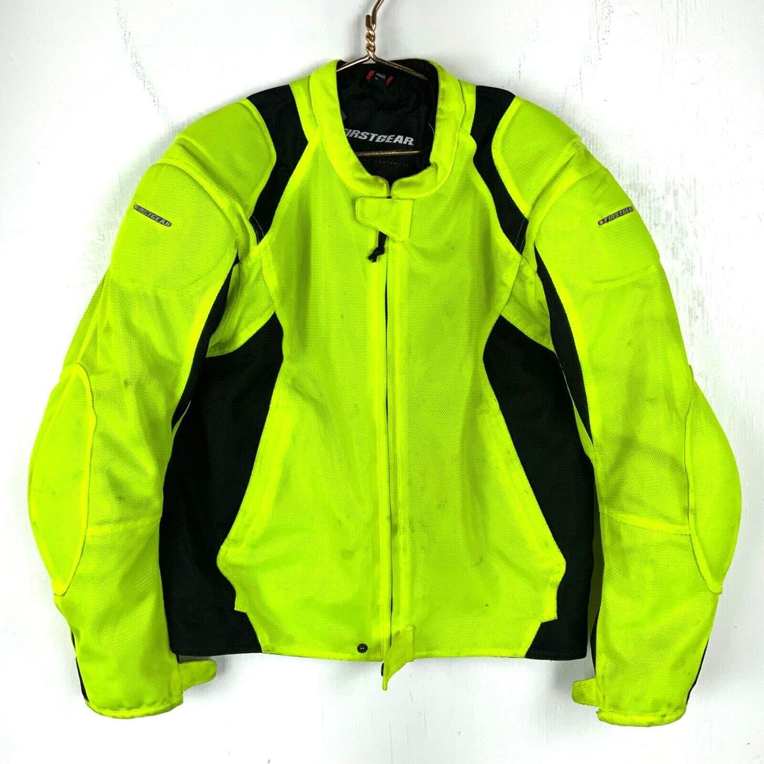 First Gear Motorcycle Armored Jacket Large Neon Green Full Zip Mesh Tex ...