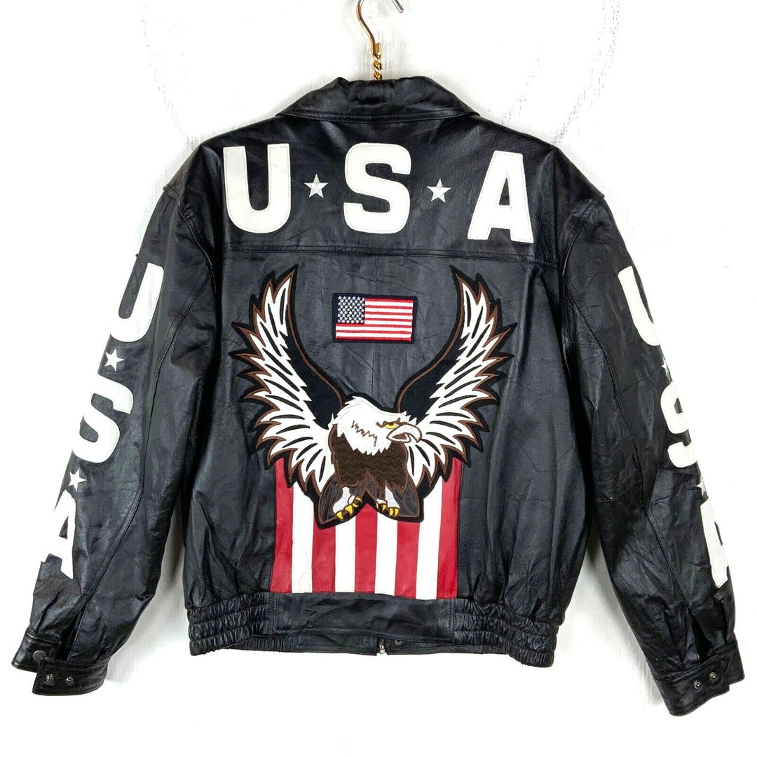 Vintage Interstate Leather Bomber Jacket Medium Full Zip Embroidered ...