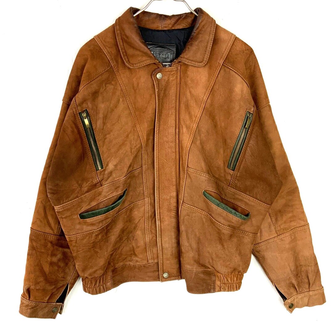 Vintage 1990s Leather Bomber Jacket Size XL Brown Full Zip 90s - Etsy