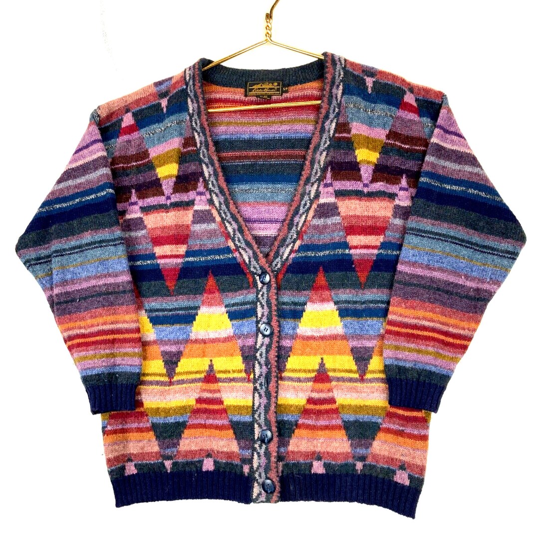 Vintage Striped Triangle Eddie Bauer Women's Wool Knit Cardigan Sweater ...