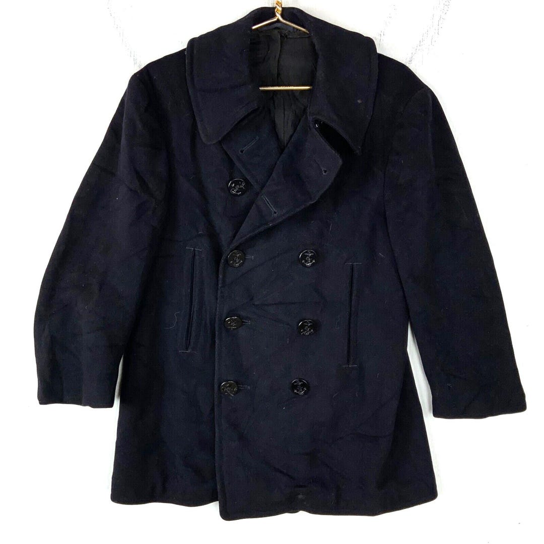 Vintage Us Navy Military Wool Peacoat Jacket Size Medium Blue 30s 40s ...