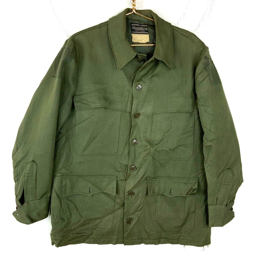 Vintage Howard Uniforms Military Jacket Size Large Long Green Button up ...