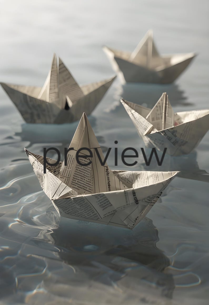 Origami Folded Paper Newspaper Boat on Water Digital Wall Art - Etsy