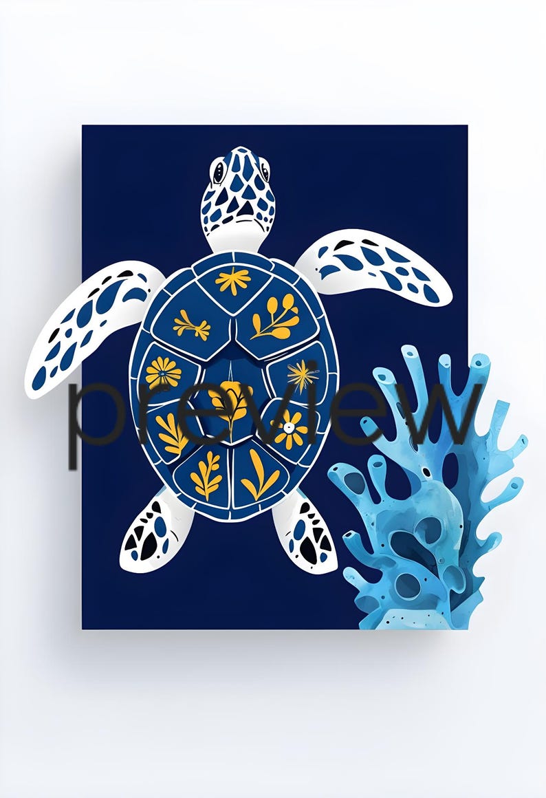 Illustration of Blue Whimsical Sea Turtle With Gold Floral Design on ...