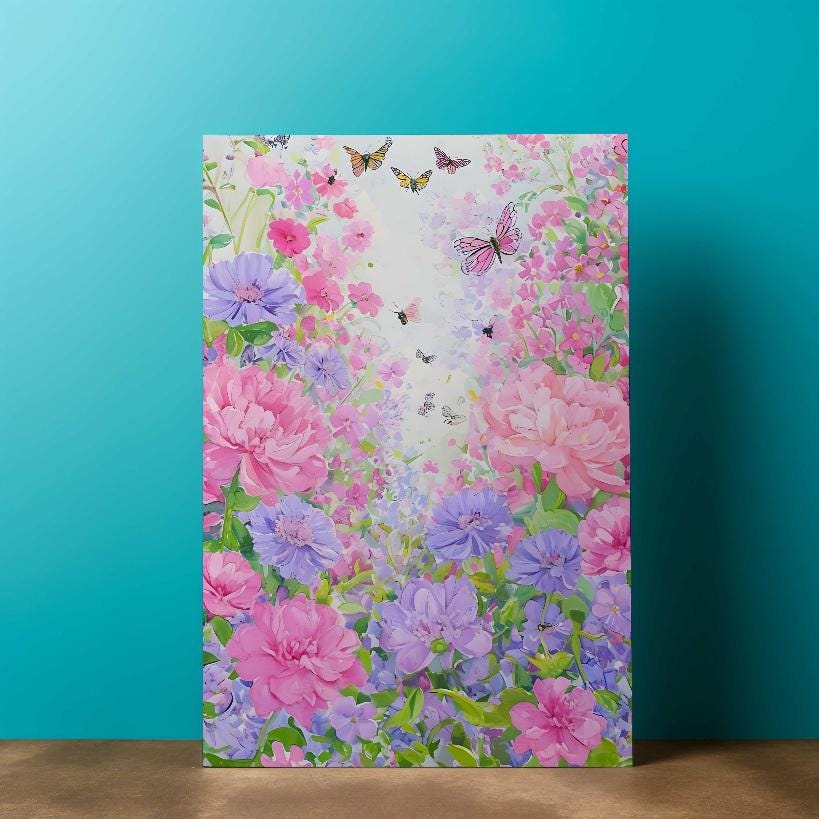 Vibrant Spring or Summer Garden Scene With Butterflies Pink and Purple ...