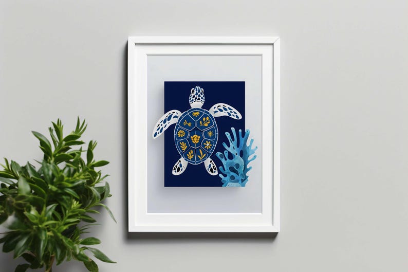 Illustration of Blue Whimsical Sea Turtle With Gold Floral Design on ...