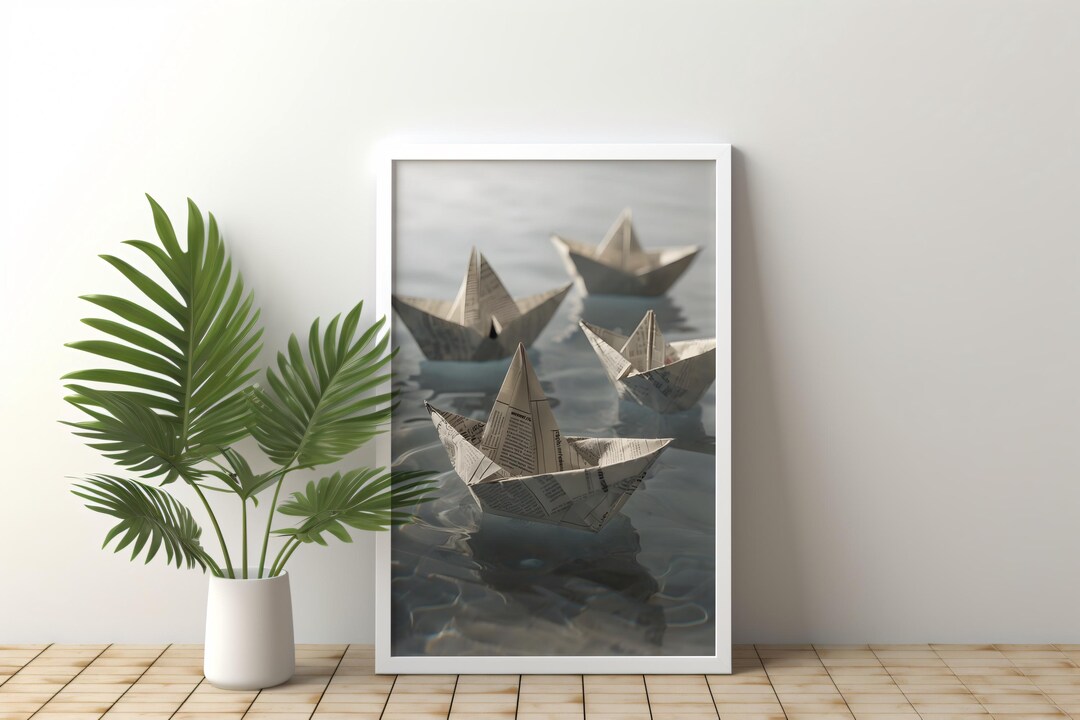 Origami Folded Paper Newspaper Boat on Water Digital Wall Art - Etsy