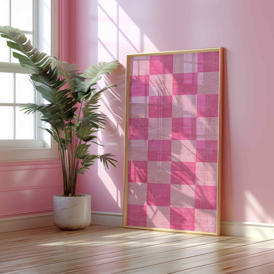 Pink Checkered Pattern Wall Art, Distressed Checker Digital Print, Pink ...
