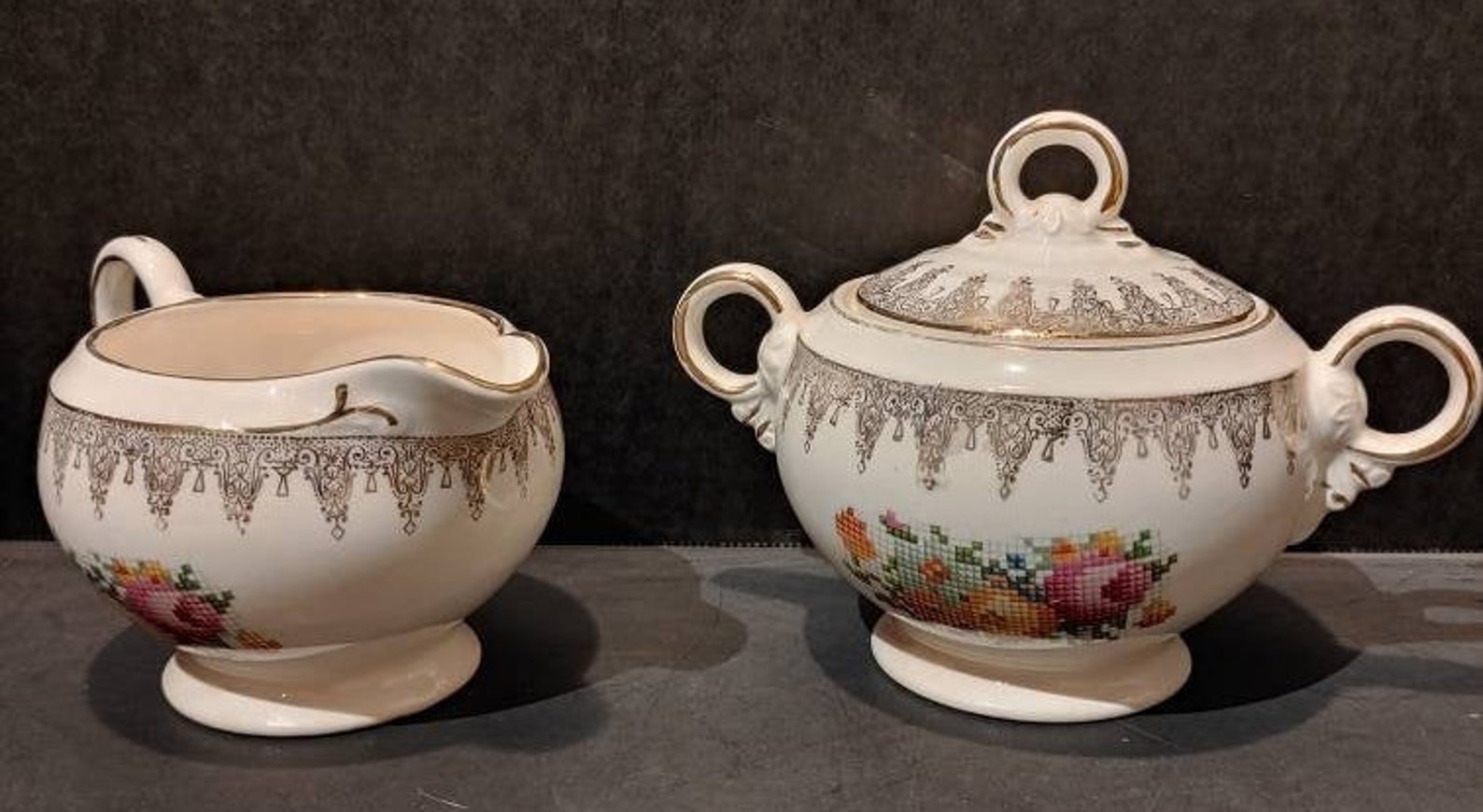 Crown Potteries Co. Vintage Dishes Needlepoint Cross Stitch Flowers ...