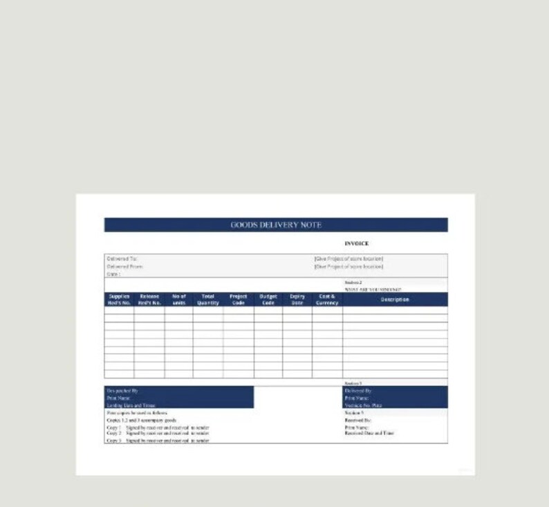 Sample Goods Delivery Note Template - Etsy