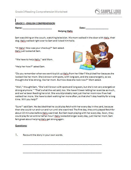 Grade 3 English Comprehension Worksheet Template for MS Word - Etsy