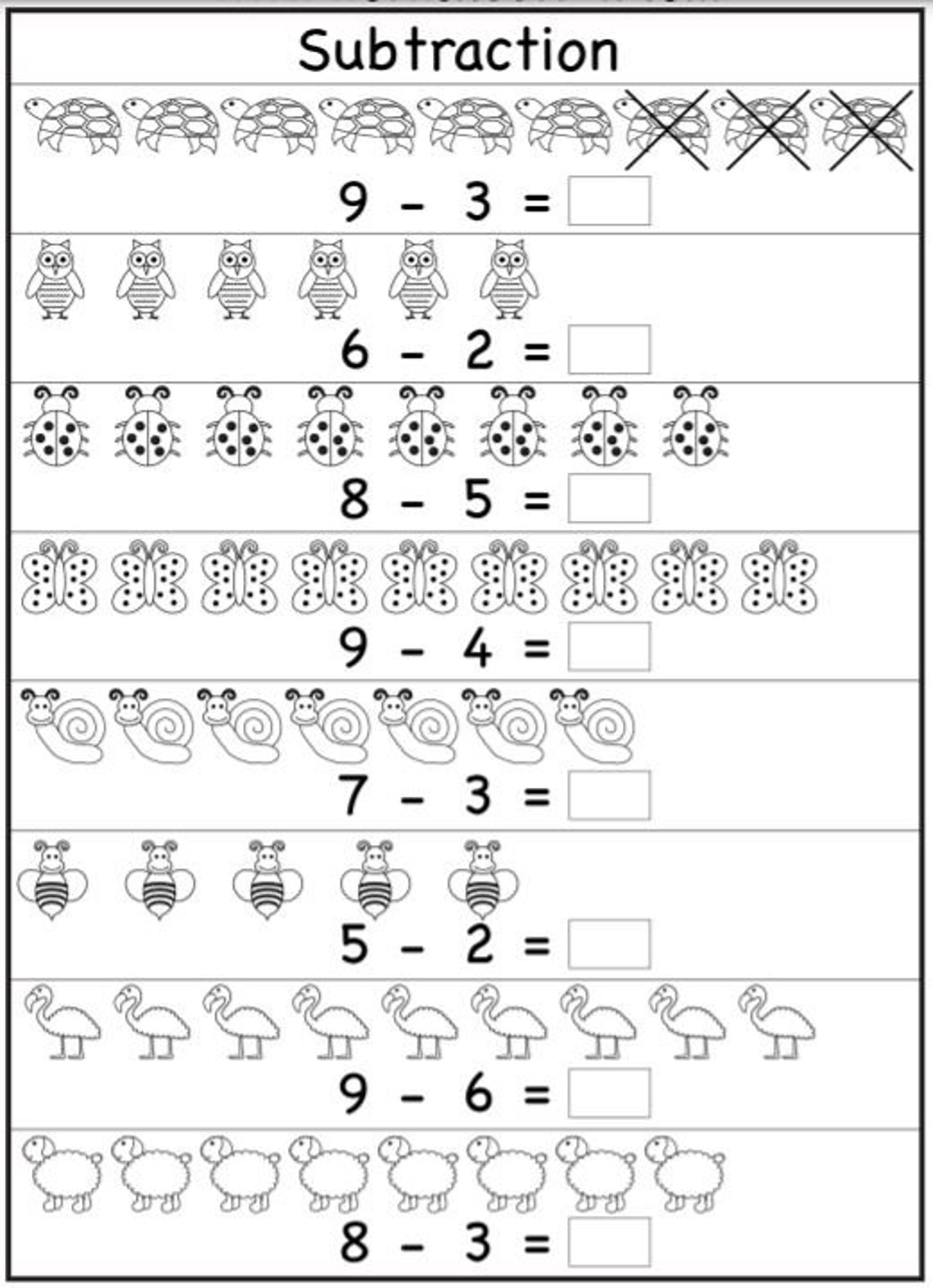 Kindergarten Math Worksheets: Subtraction of One-digit Numbers Activity ...