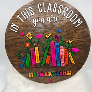 Personalized Wooden Classroom Sign With Books and Flowers, Welcome ...