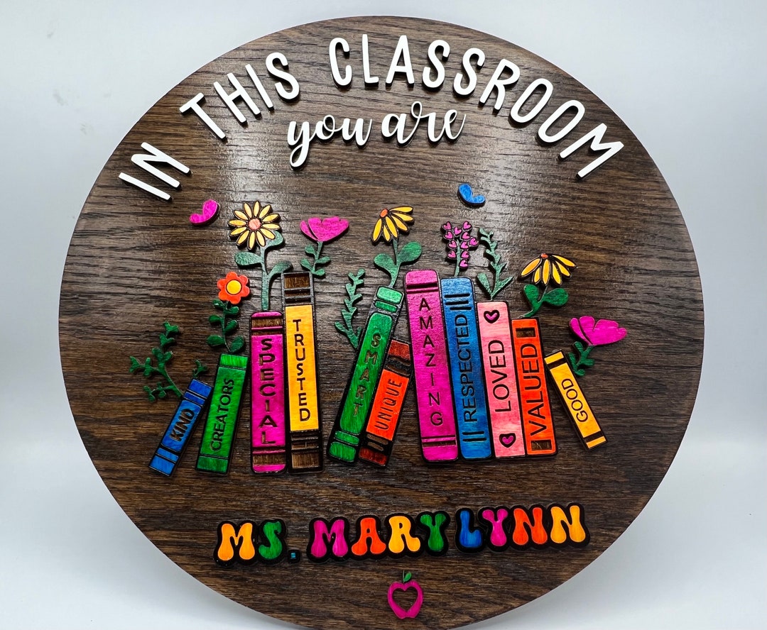 Personalized Wooden Classroom Sign With Books and Flowers, Welcome ...