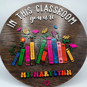 Personalized Wooden Classroom Sign With Books and Flowers, Welcome ...