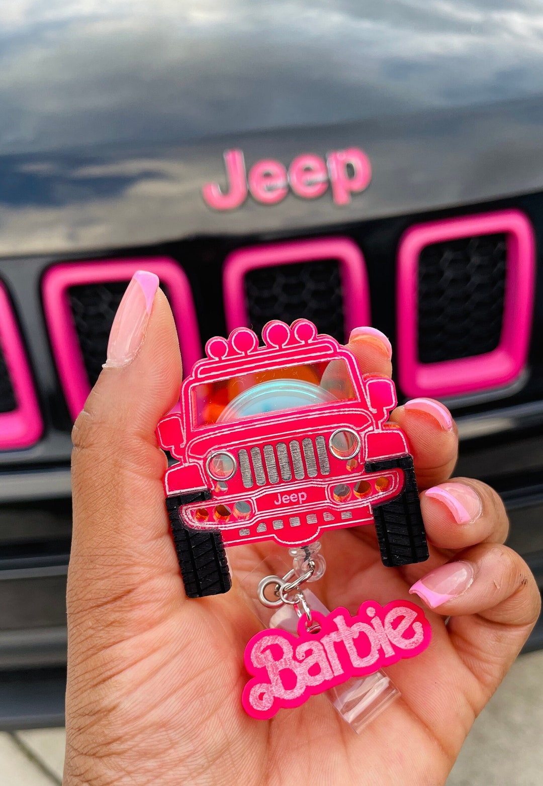 Hot Pink Jeep Style Barbie Badge Reel Personalized Engraved Acrylic ...