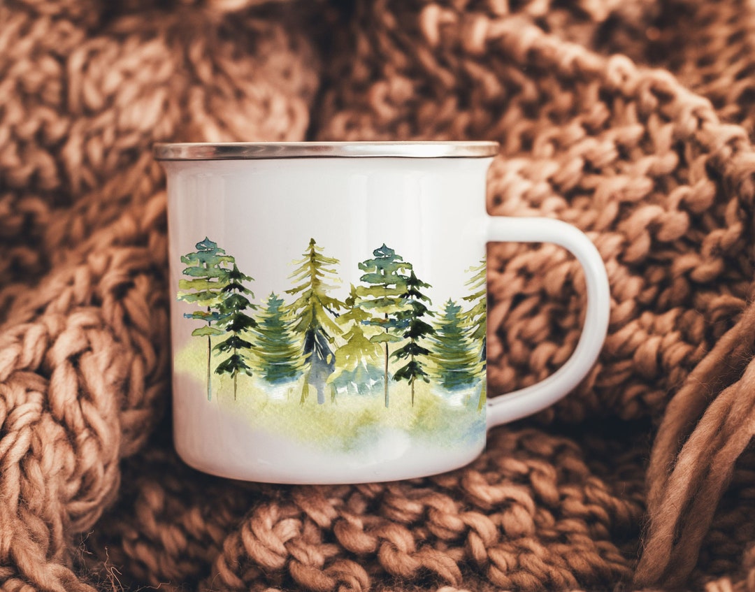 Nordic Forest Camping Mug, Enamel Tree Mug, Metal Coffee Cup, Forest ...