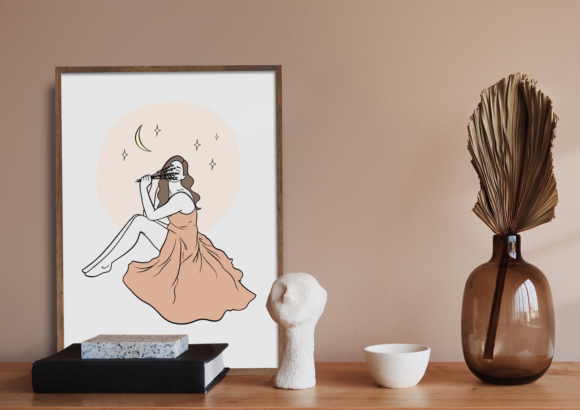Female Line Art, Modern Line Drawing, Boho Wall Art, Fashion Dress Art ...