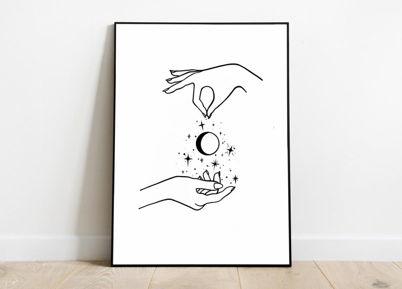 Moon Hand Printable Art, Holding Moon and Star Print, Celestial Line ...