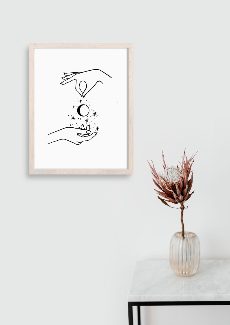 Moon Hand Printable Art, Holding Moon and Star Print, Celestial Line ...