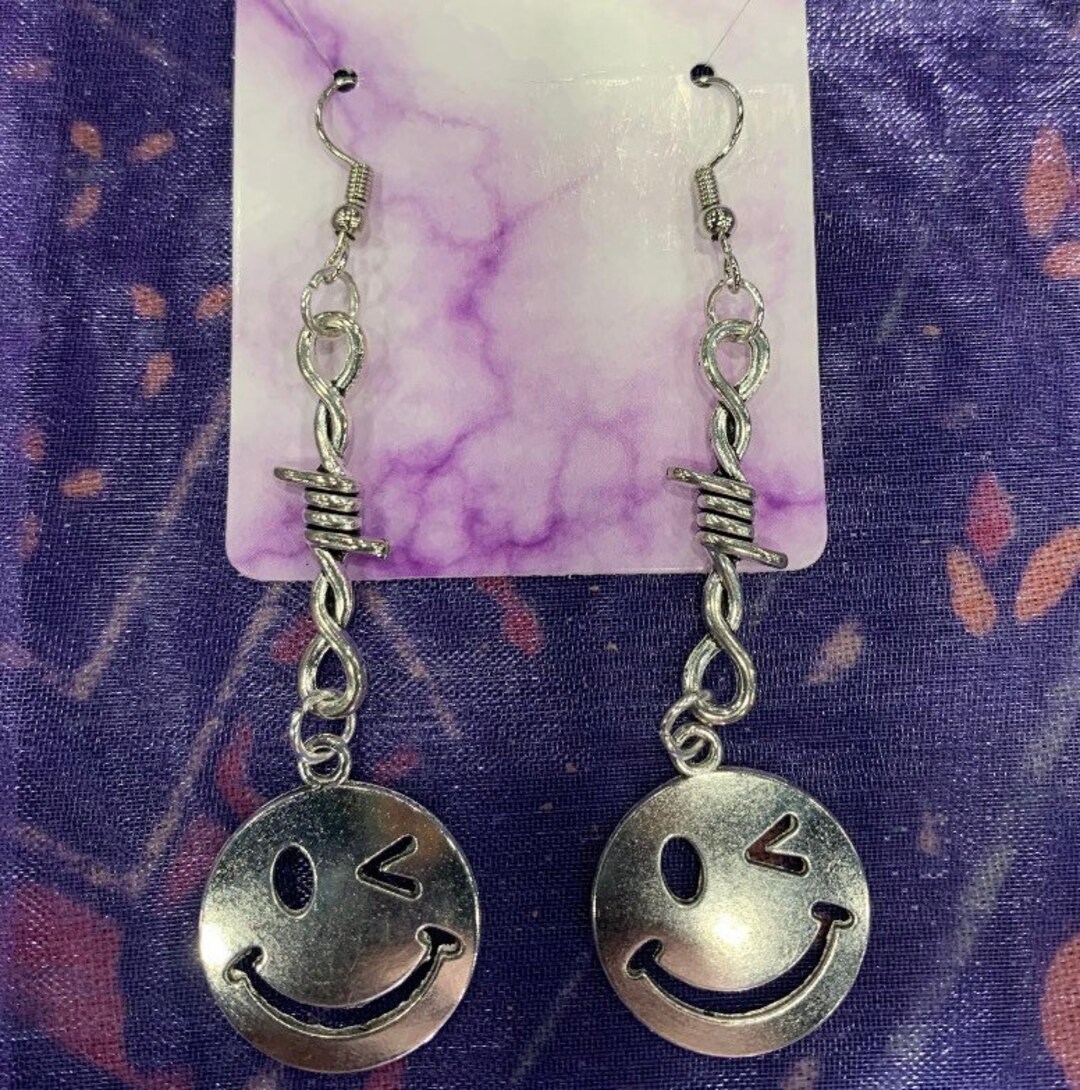 Barbed Wire Smiley Face Dangle Earrings, Barb Wire, Statement Earrings ...