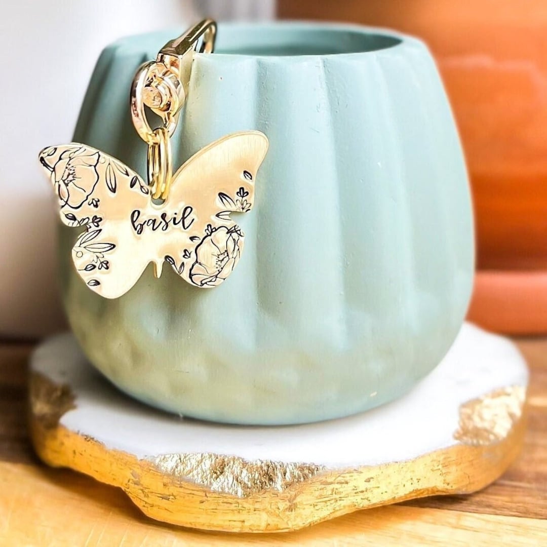 Floral Butterfly Pet ID Tag | Custom Brass Dog Tag - Etsy