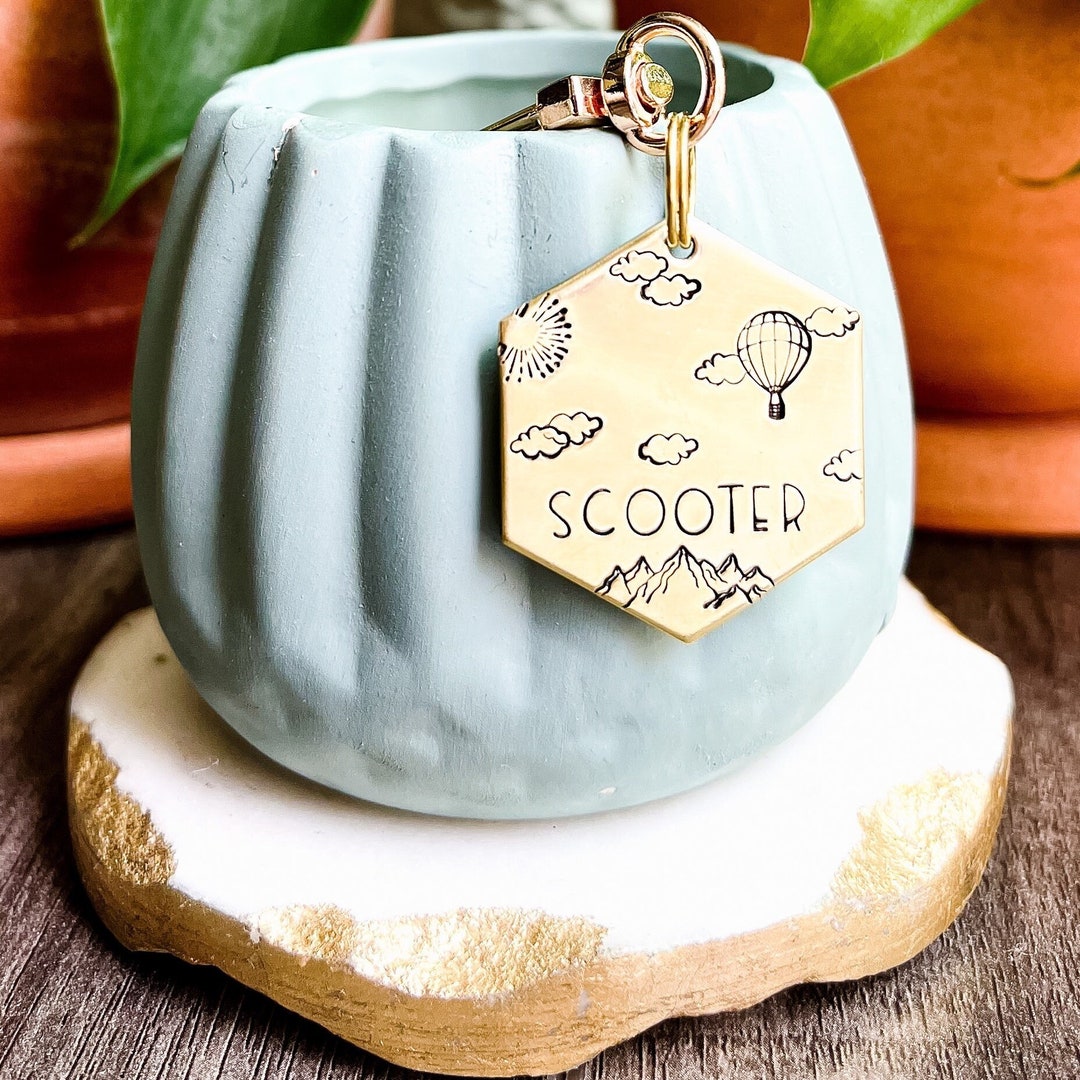 Handmade Brass Hexagon Pet ID Tag | Summer Sky, Hot Air Balloon - Etsy