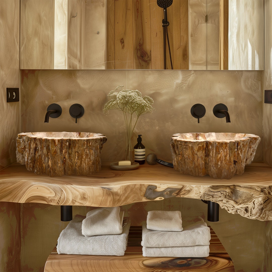Set of Two Natural Stone Bathroom Sink Vessels a Pair of Sinks for a ...