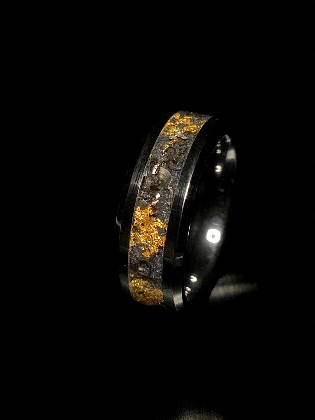 Meteorite Shavings Ring and 24k Gold Leaf Inlay - Black Ceramic ...