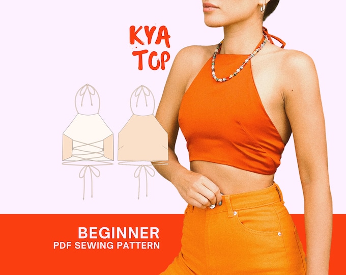Halter Neck Crop Top Sewing Pattern, Flower Crop Top Pattern, Lace up ...
